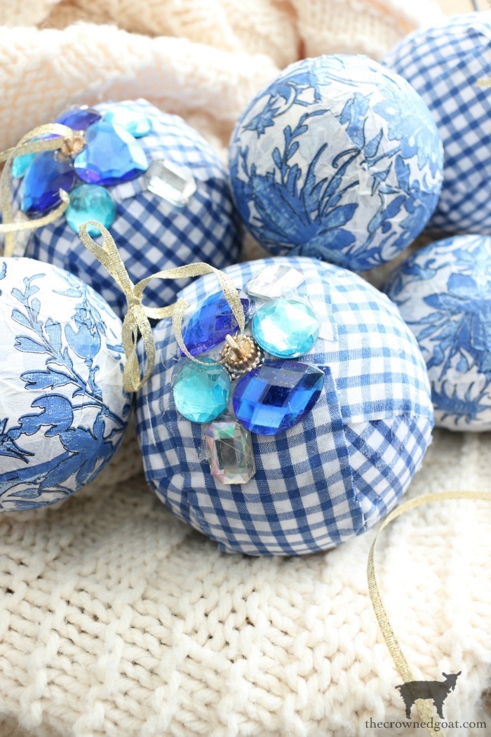 Blue and White Check Rag Ball Ornaments