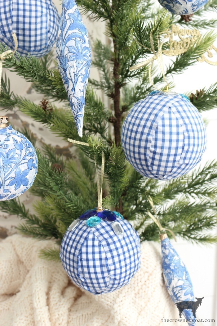 Blue and White Check Rag Ball Ornaments